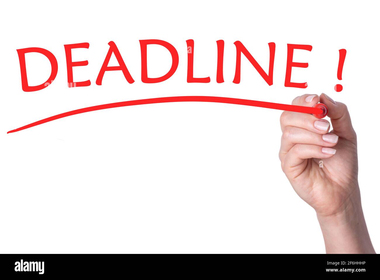 Hand writes word deadline with red marker on transparent white ...