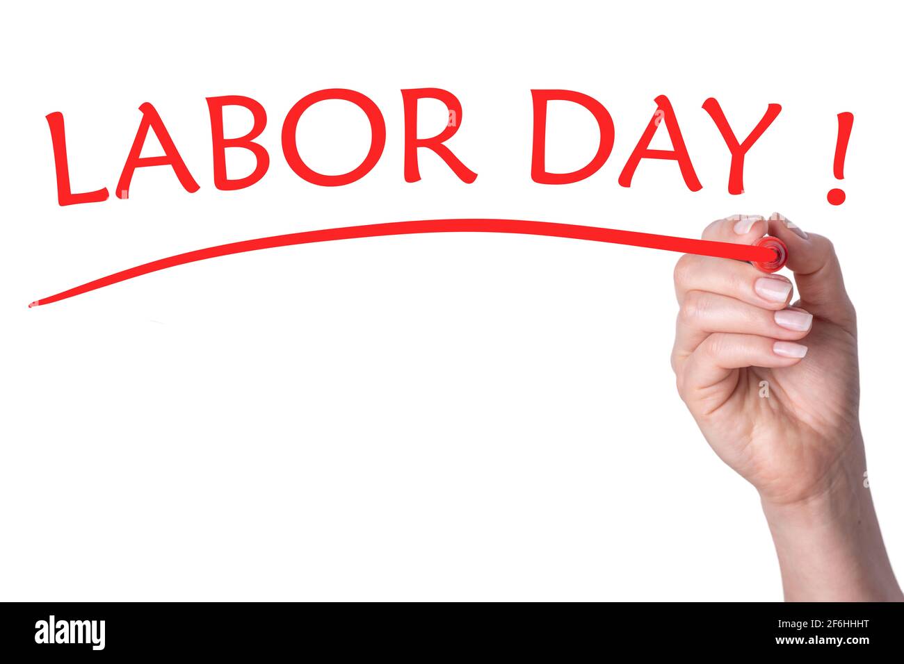 Hand writes words labor day with red marker on transparent white ...