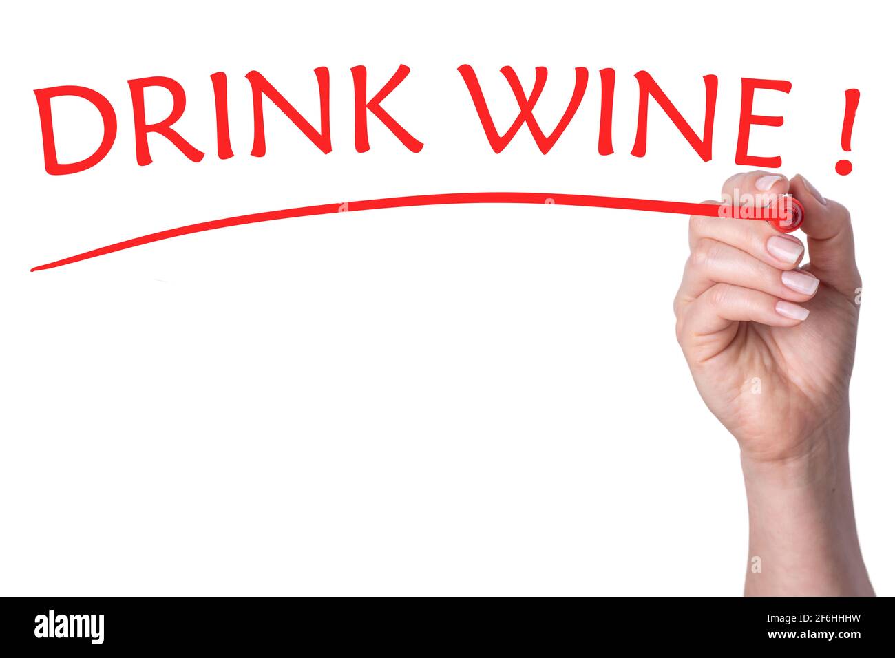 Hand writes words drink wine with red marker on transparent white ...