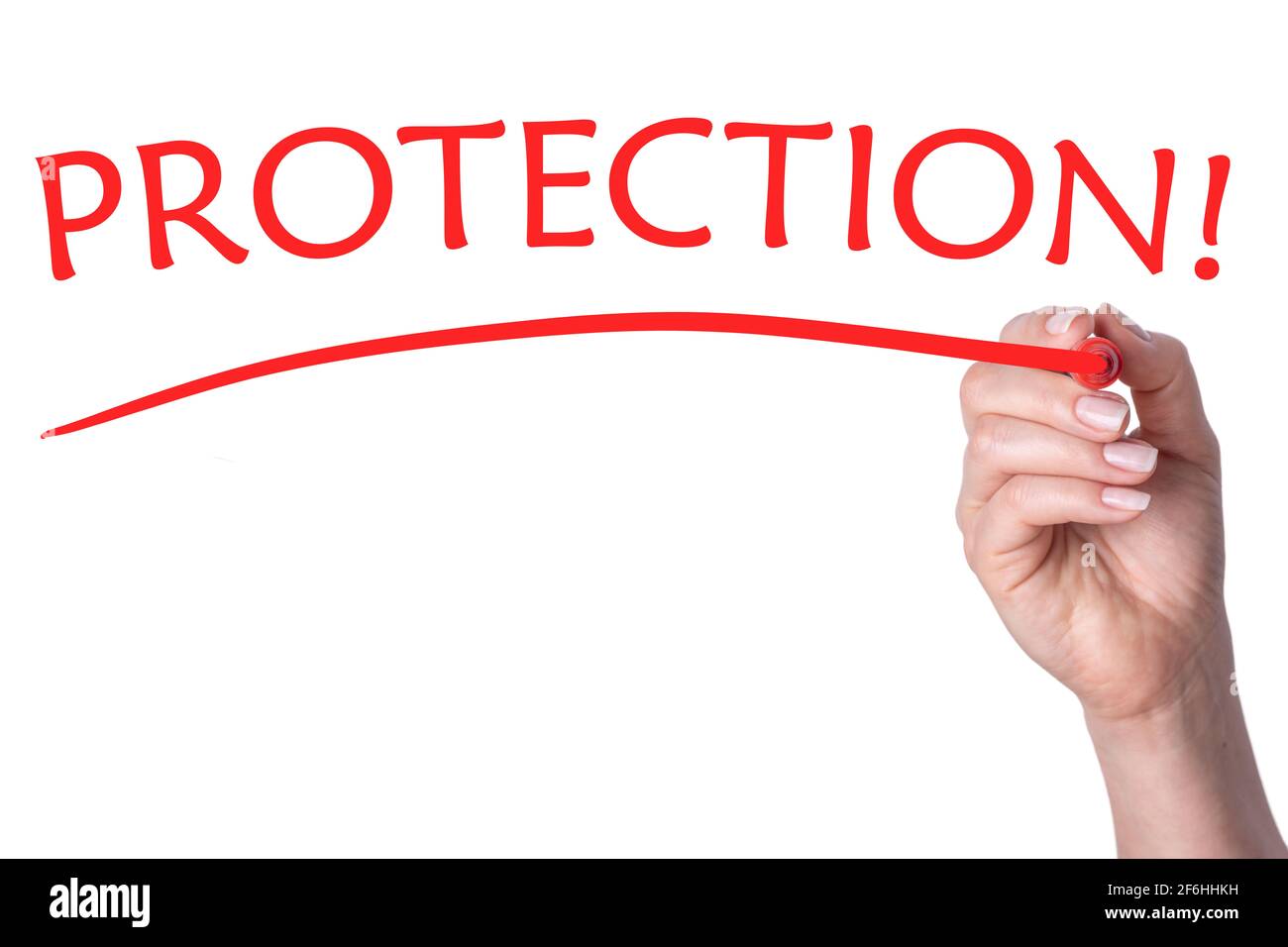 Hand writes word PROTECTION with red marker on transparent white ...