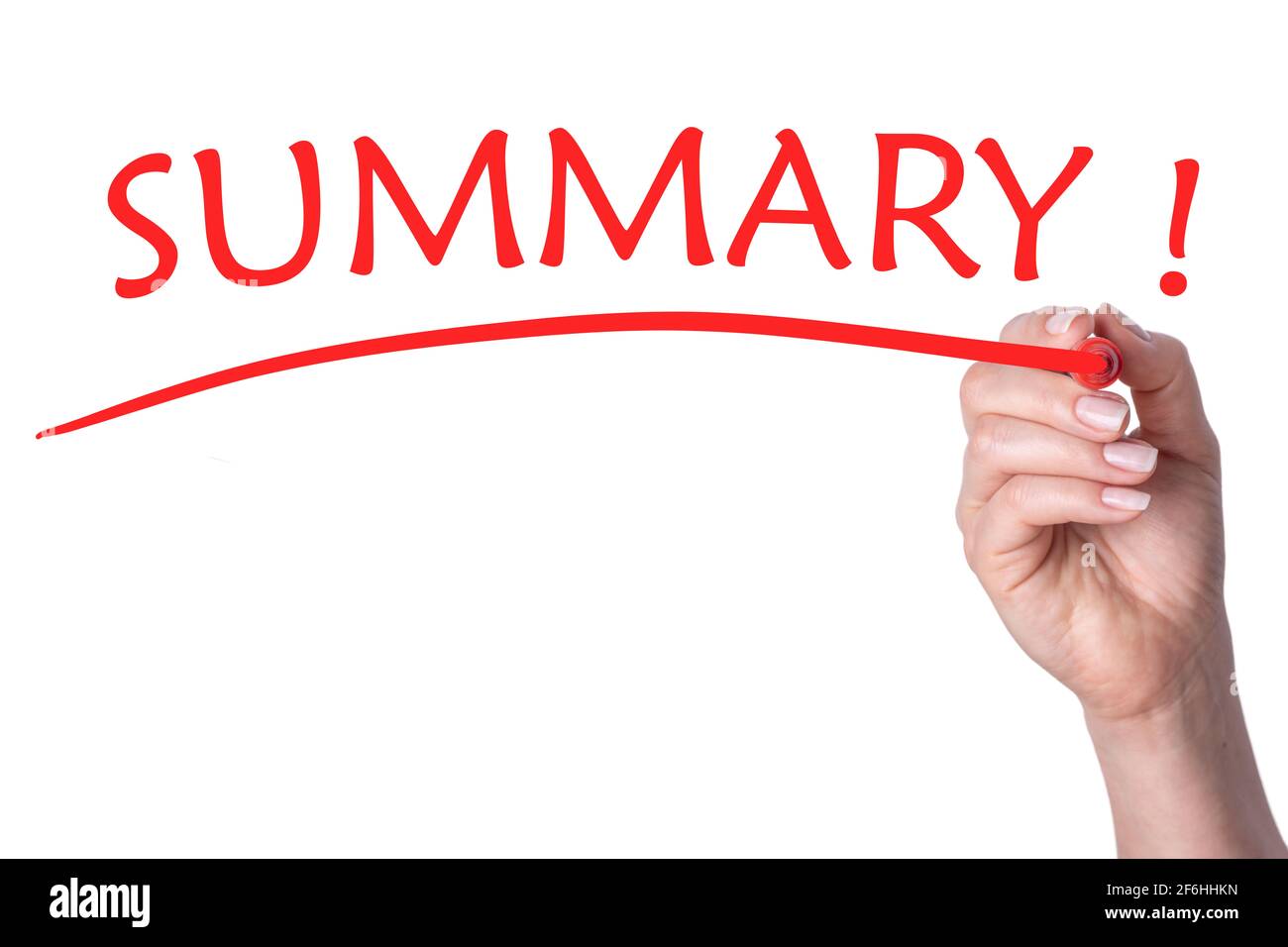 Hand writes word summary with red marker on transparent white ...