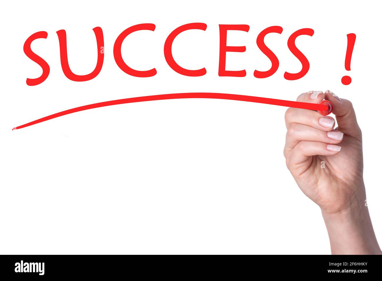 Hand writes word success with red marker on transparent white ...