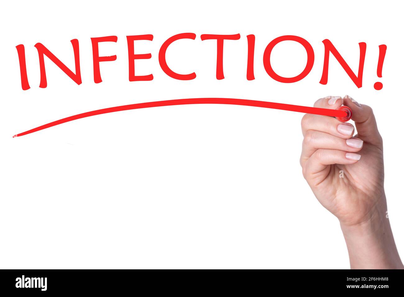 Hand writes word infection with red marker on transparent white ...