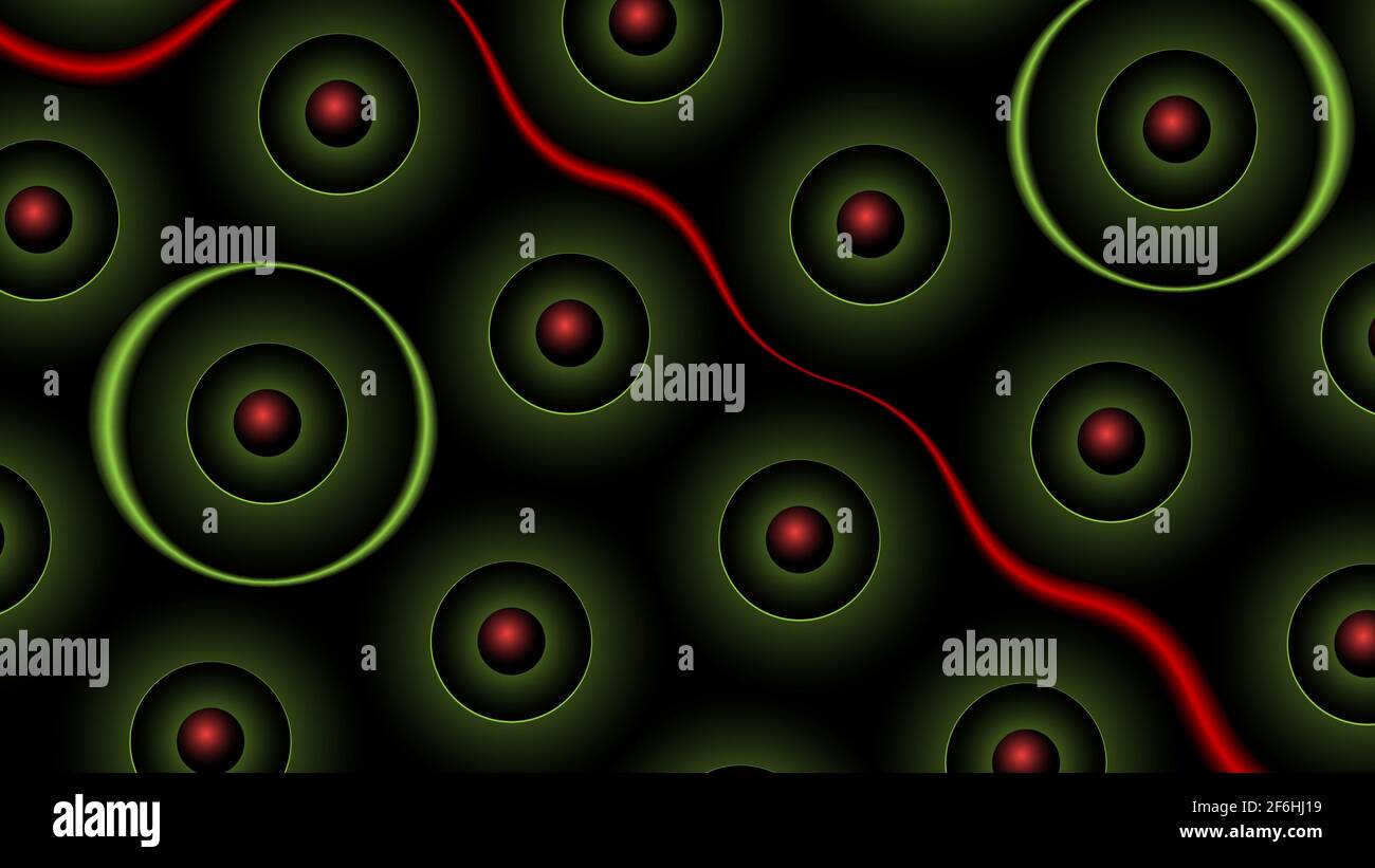 Green round spheres with red balls inside on dark background ...