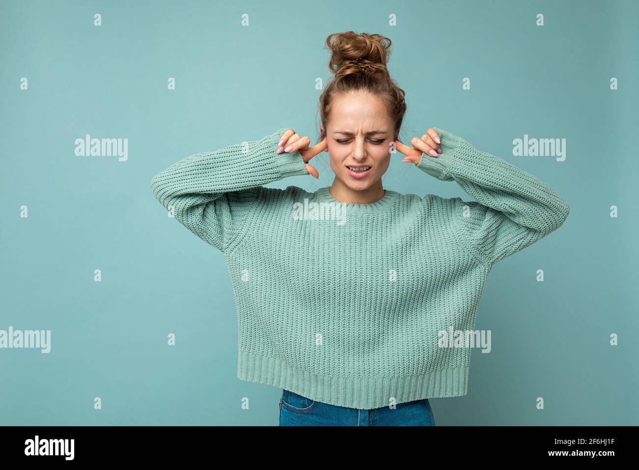 Portrait of young emotional nice winsome blond woman with sincere ...