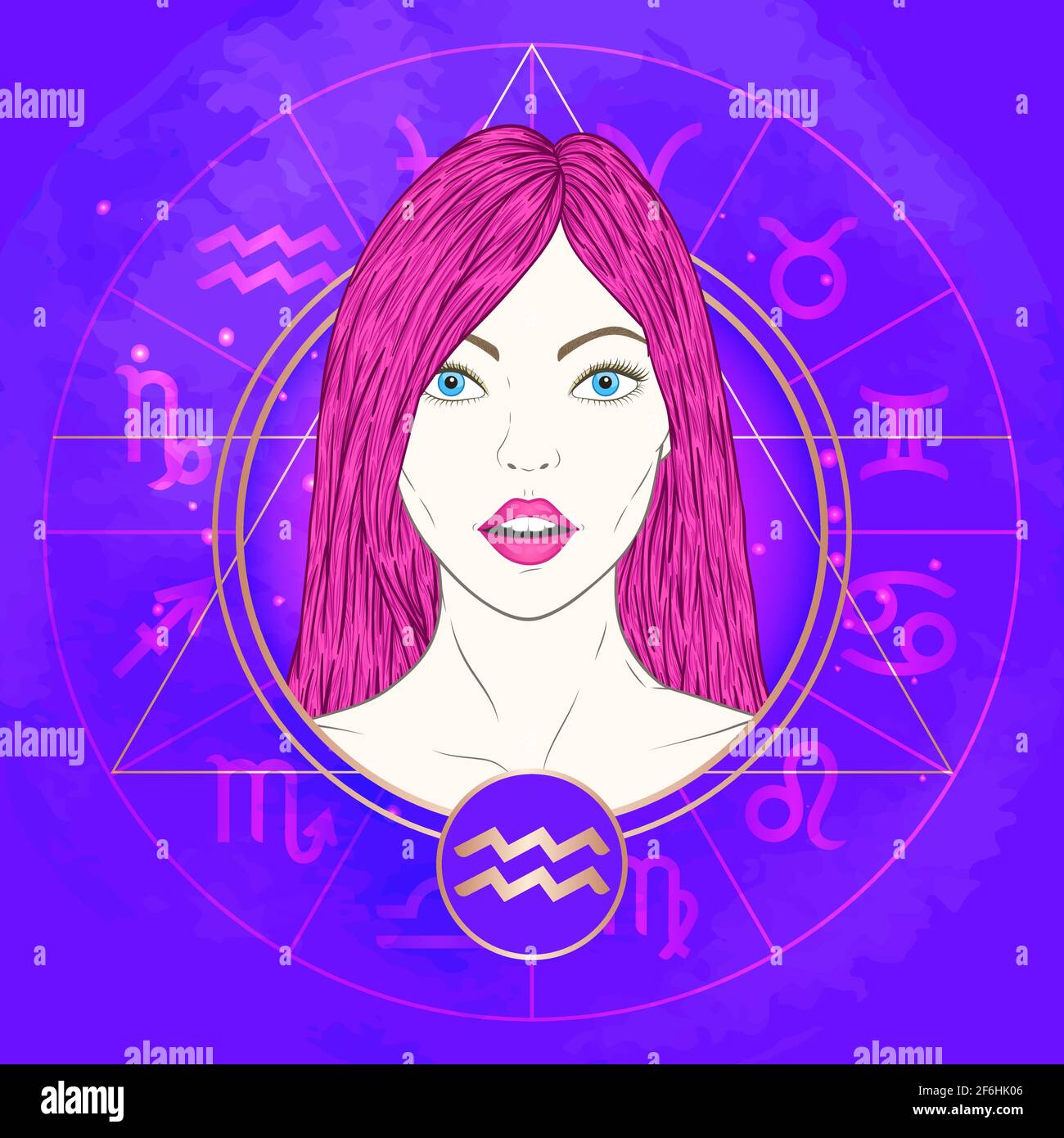 Vector illustration of Aquarius zodiac sign and portrait beautiful girl on abstract background ...