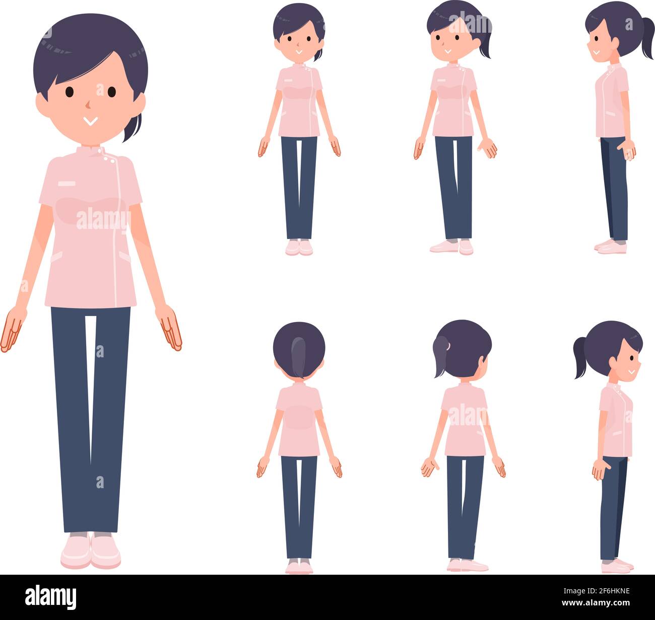 A set of Medical staff women standing.Front, side and back angles.It's ...