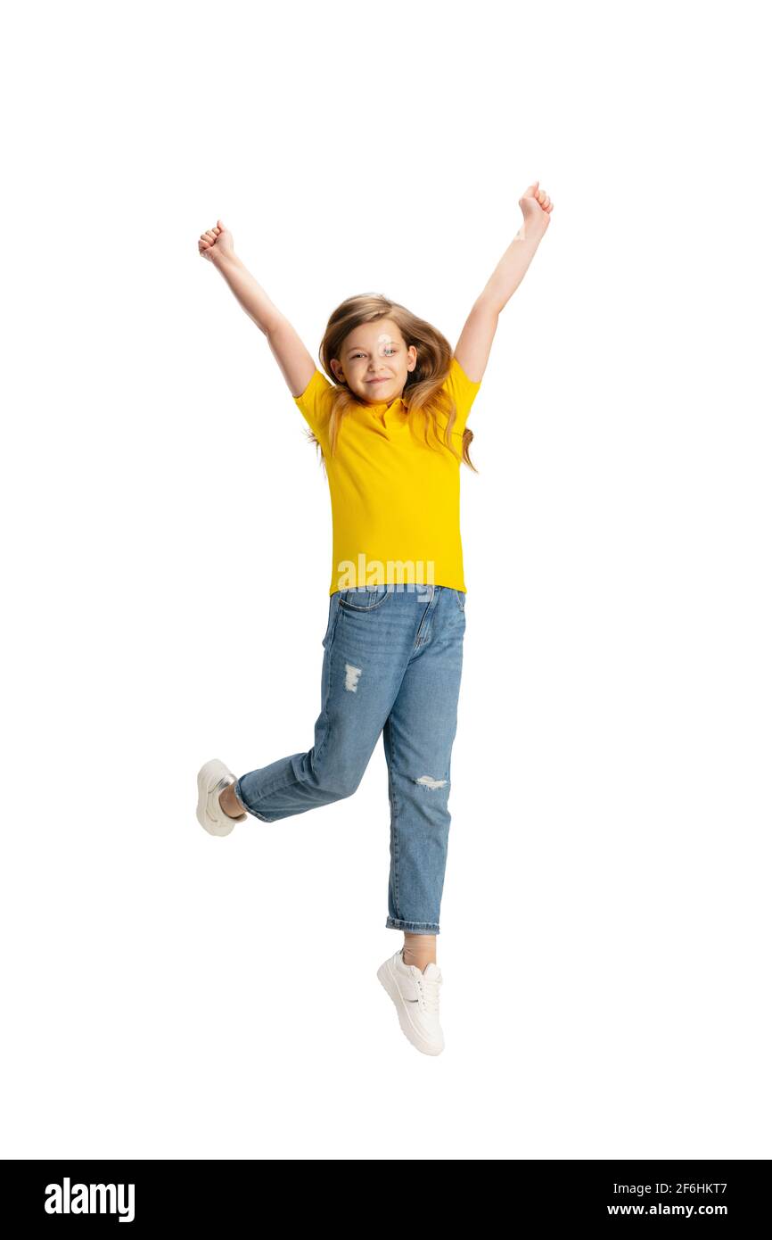 Happy kid, girl isolated on white studio background. Looks happy ...