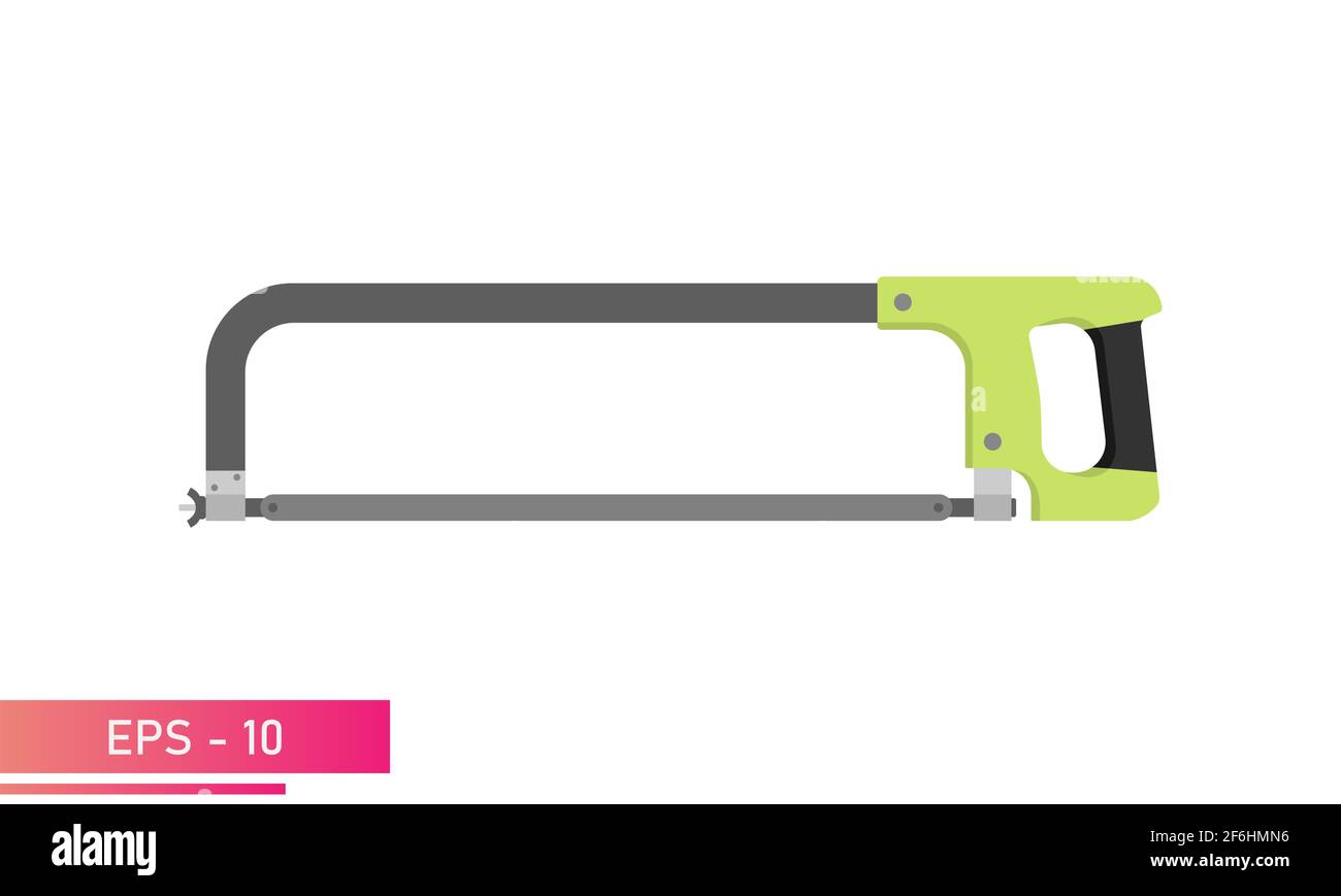 Metal hacksaw, with a convenient green handle. Realistic design. On a ...