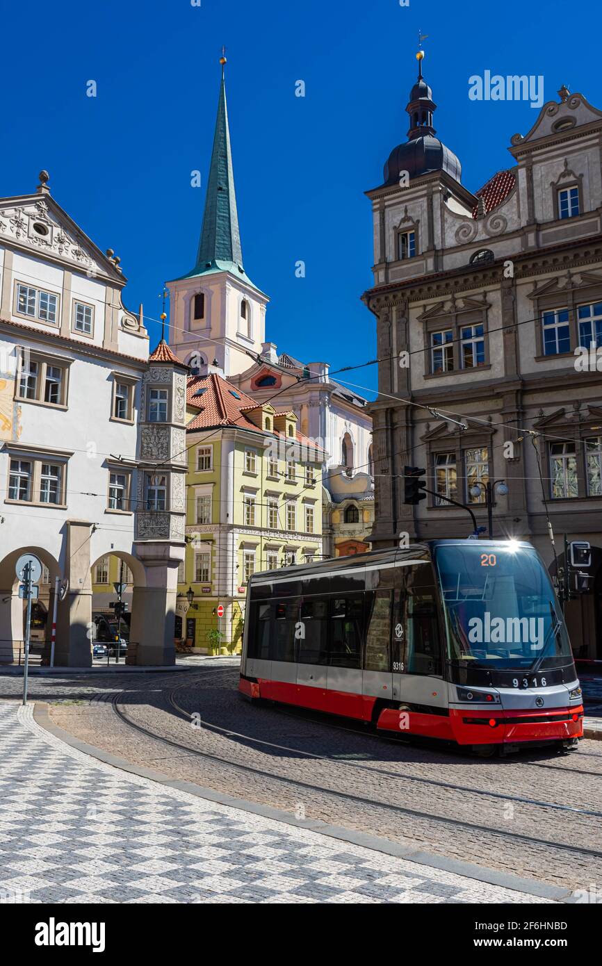 PRAGUE, CZECH REPUBLIC, 31 JULY 2020: tramway in the historic center ...