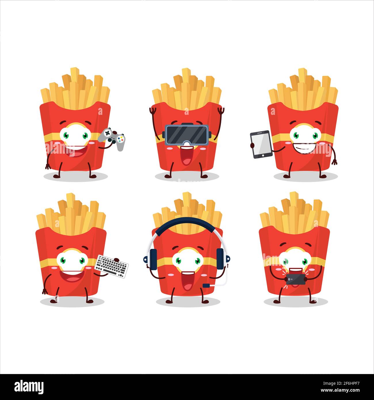 French fries cartoon character are playing games with various cute ...
