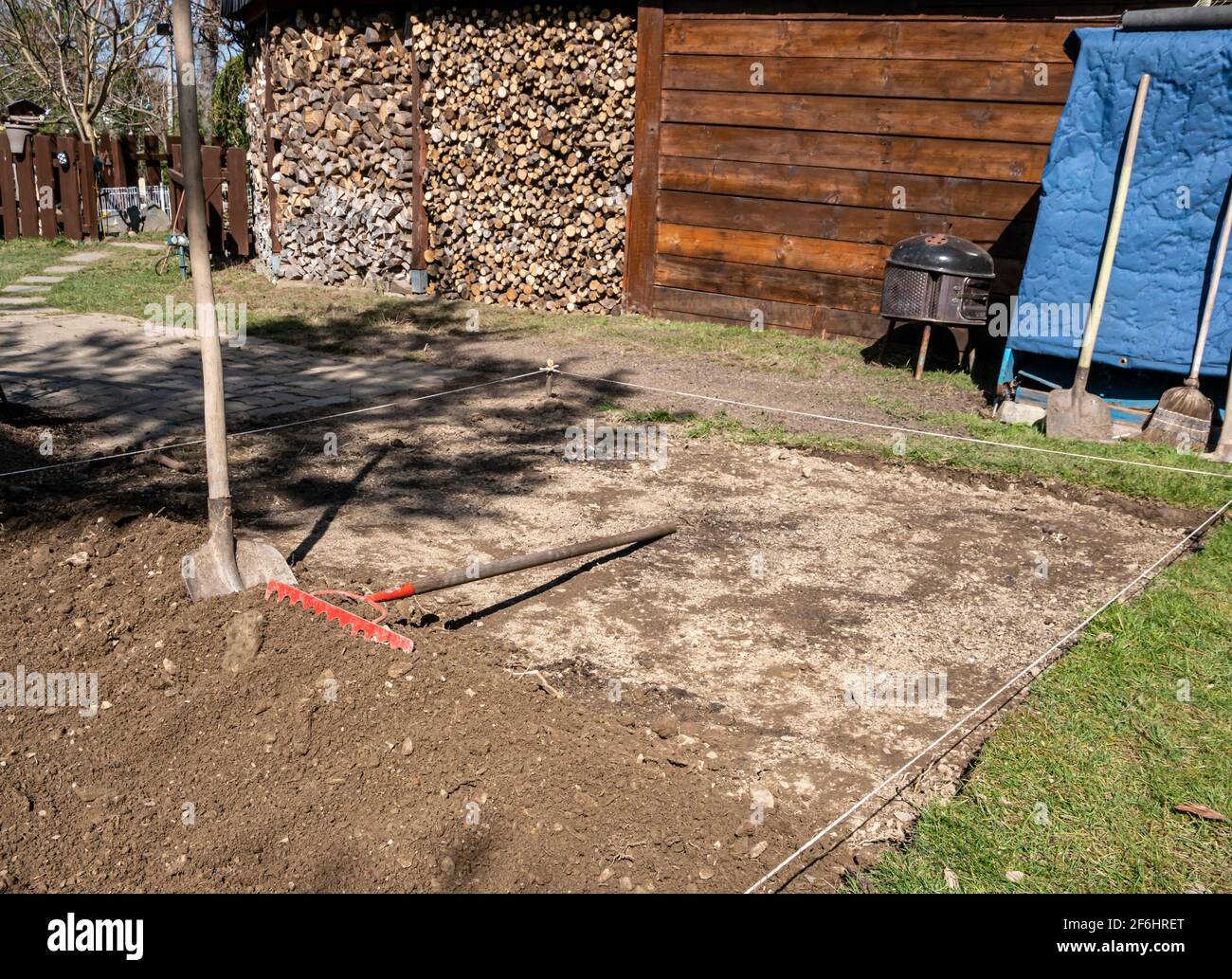 Pool construction ground work in the garden Stock Photo - Alamy