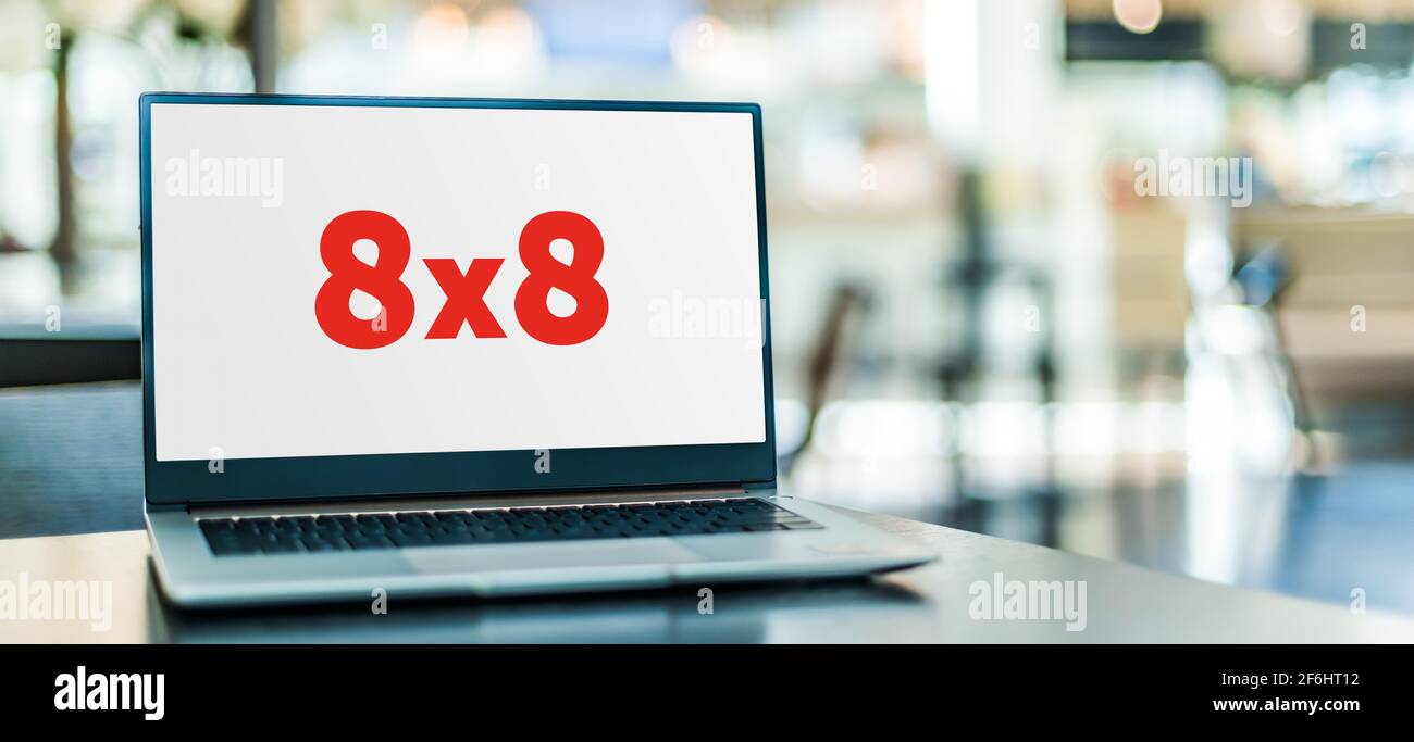 POZNAN, POL - FEB 6, 2021: Laptop computer displaying logo of 8x8 Inc ...