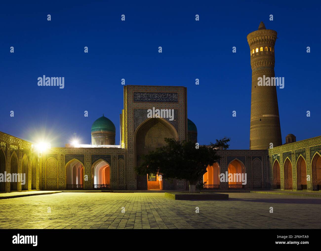 Night view of Kalon mosque and minaret - Bukhara - Uzbekistan Stock ...