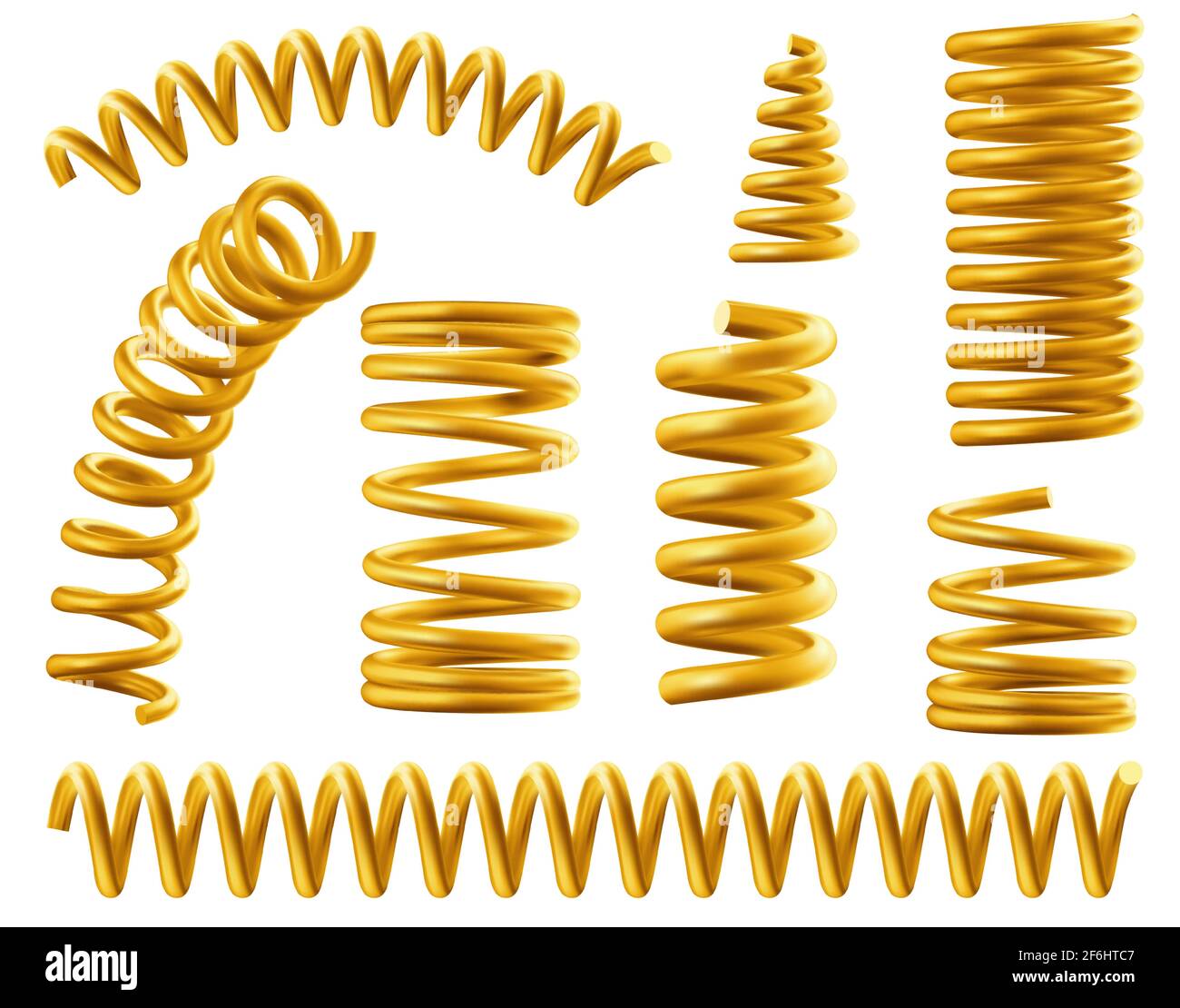 Gold spring coils, flexible spiral metal wire. Vector realistic set of ...