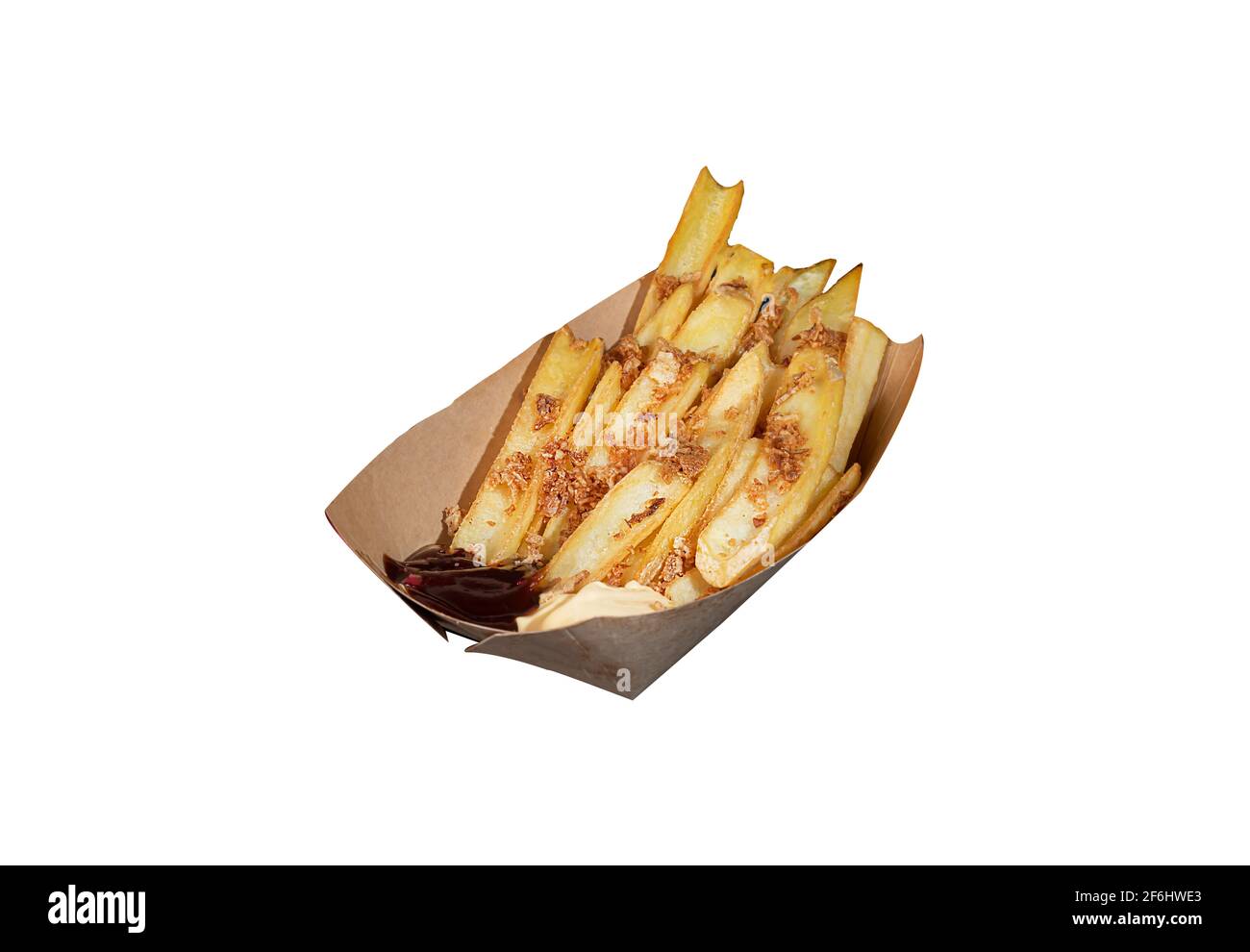 French fries with two sauces in a paper plate. Takeout food. Colored ...