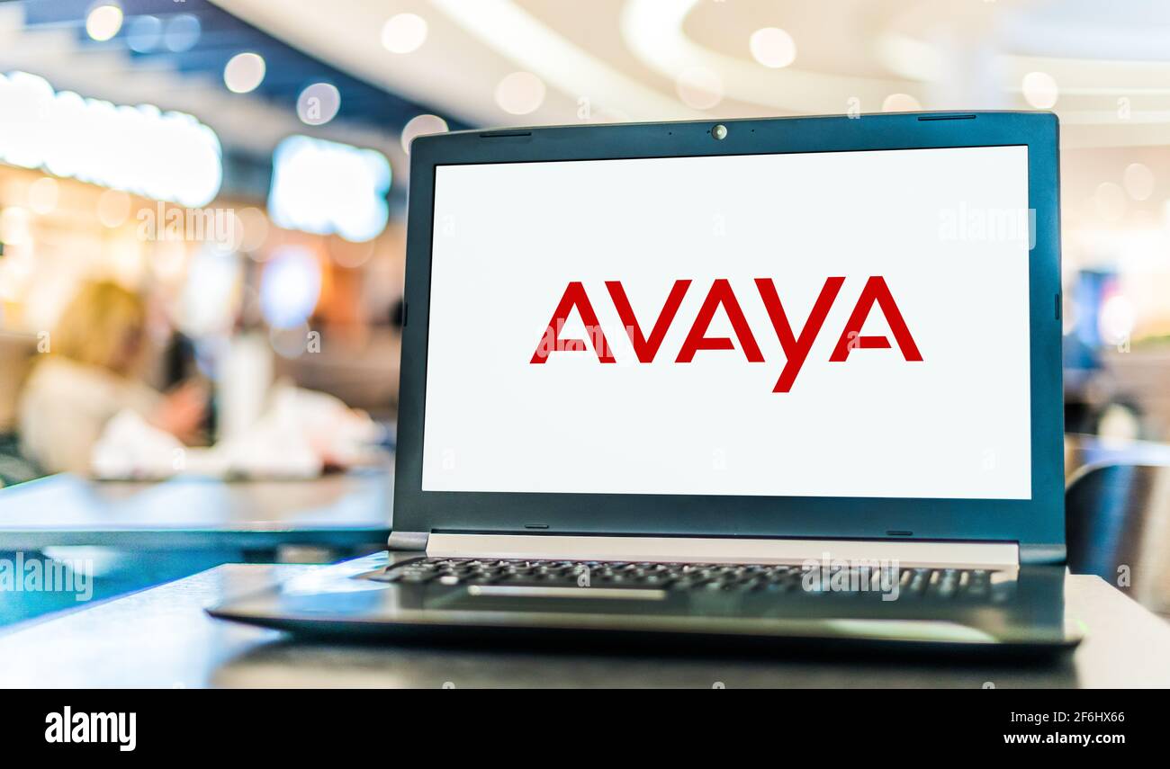 POZNAN, POL - FEB 6, 2021: Laptop computer displaying logo of Avaya, a ...