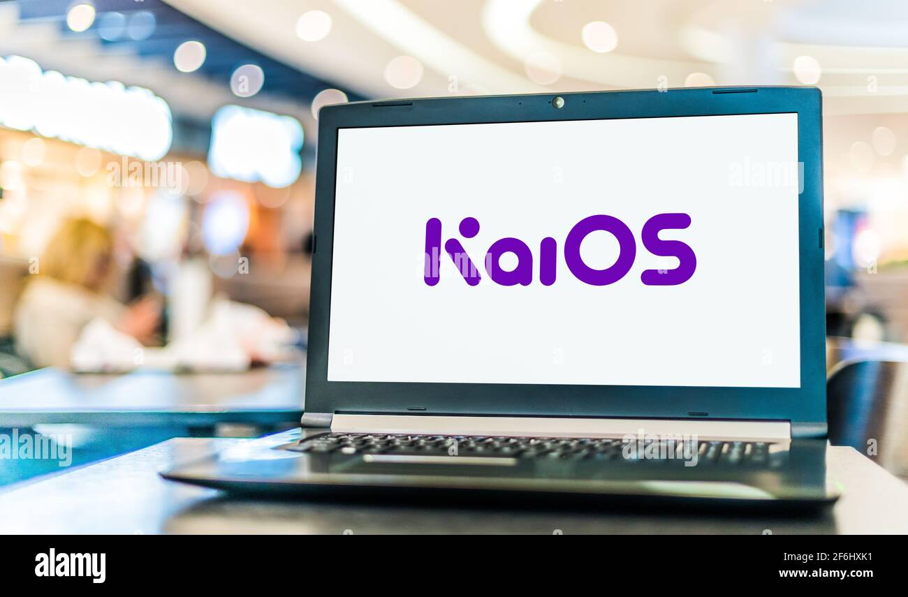 POZNAN, POL - FEB 6, 2021: Laptop computer displaying logo of KaiOS, a ...