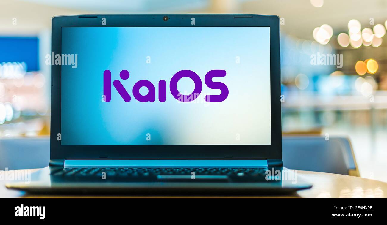 POZNAN, POL - FEB 6, 2021: Laptop computer displaying logo of KaiOS, a ...