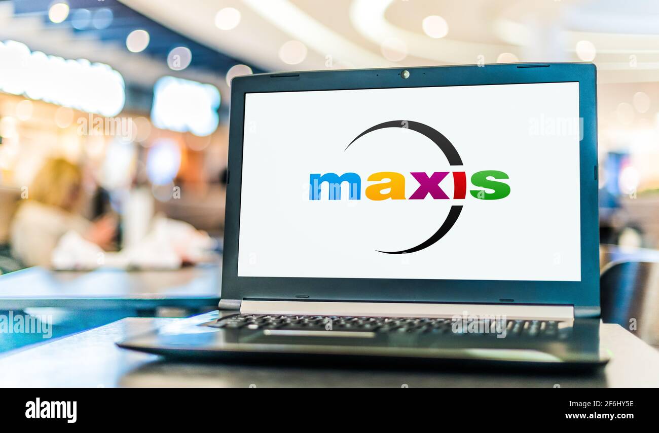 POZNAN, POL - MAR 15, 2021: Laptop computer displaying logo of Maxis ...