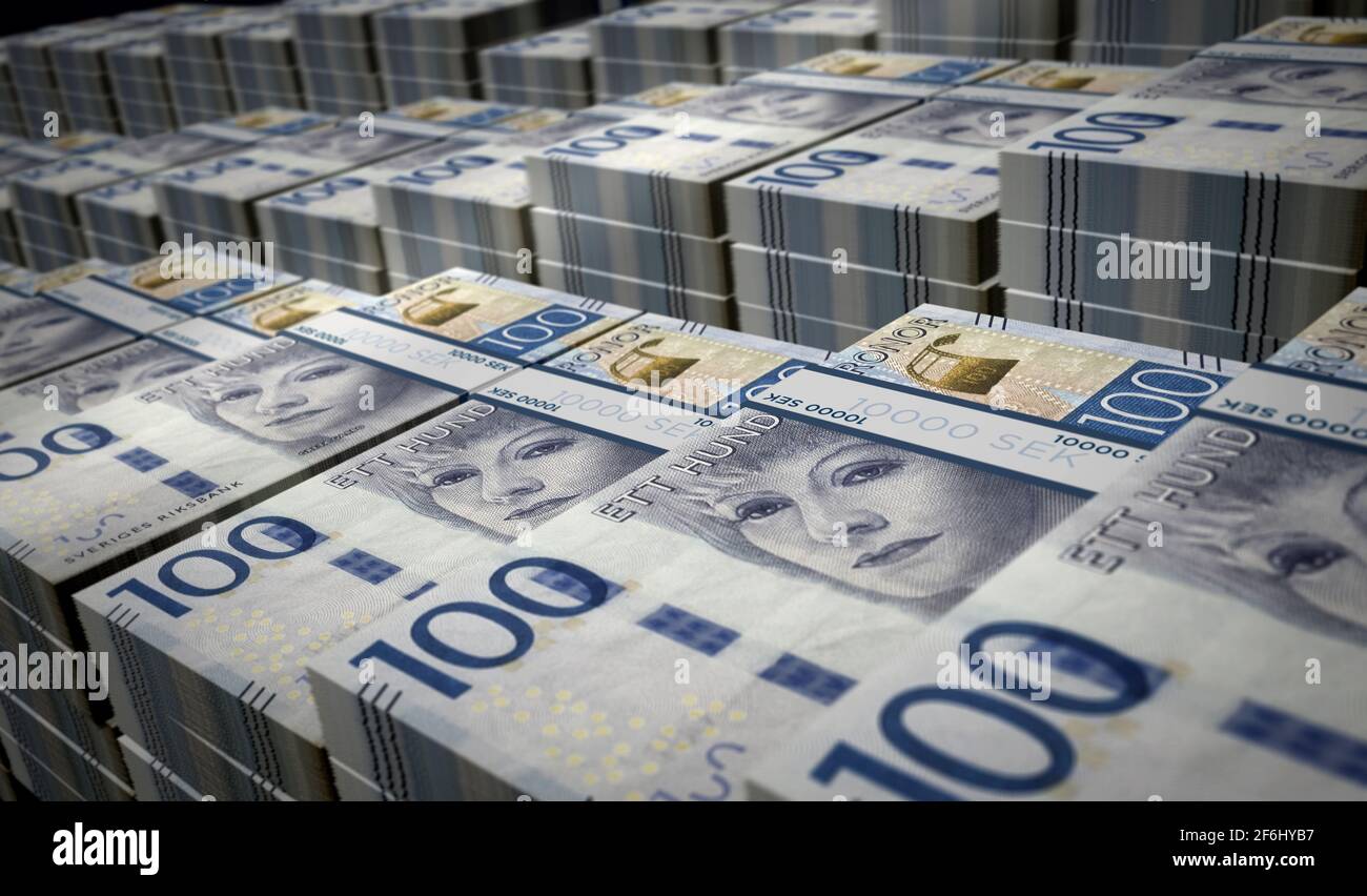 Swedish Krone money pack 3d illustration. 100 SEK banknote bundle ...