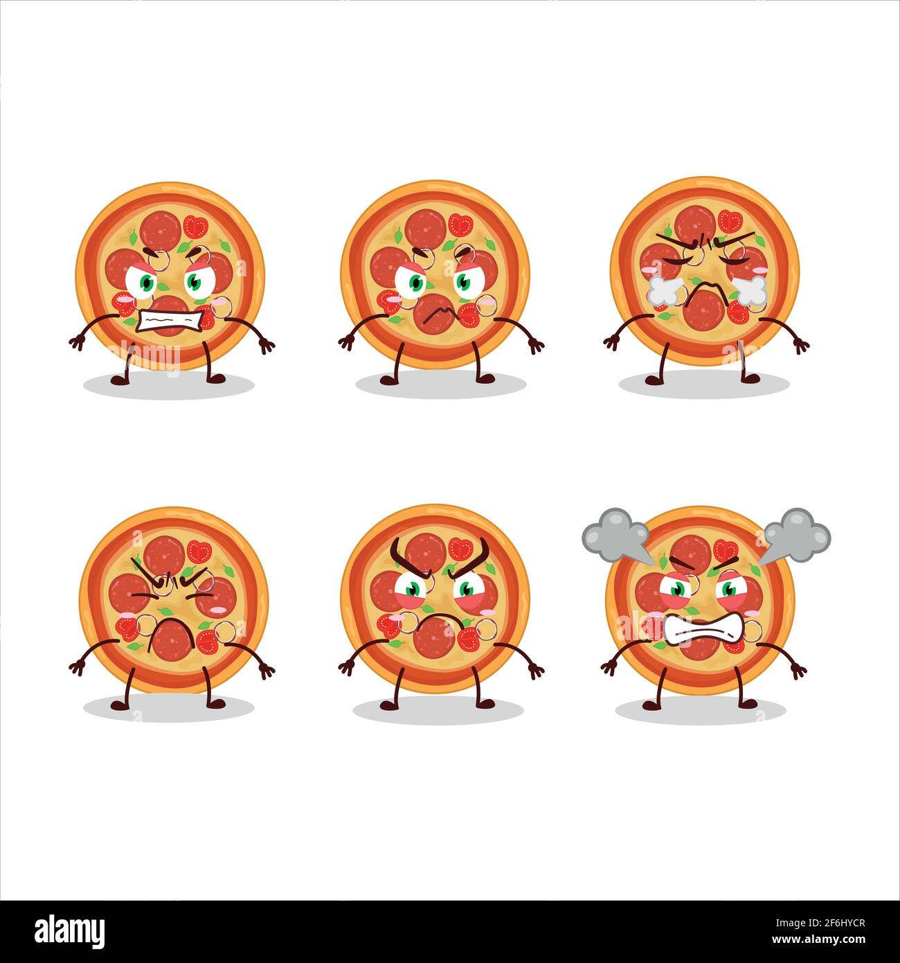 Beef pizza cartoon character with various angry expressions. Vector ...