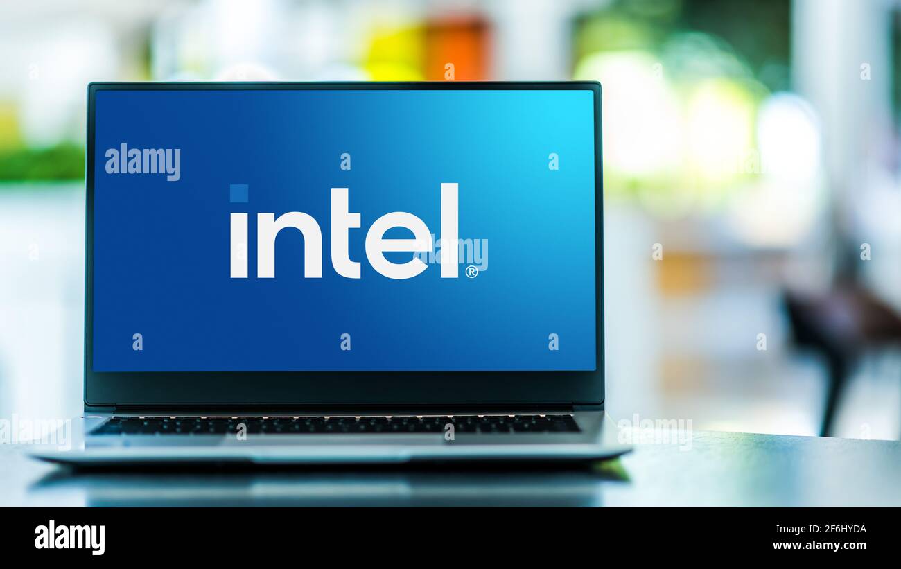 POZNAN, POL - FEB 6, 2021: Laptop computer displaying logo of Intel, an ...