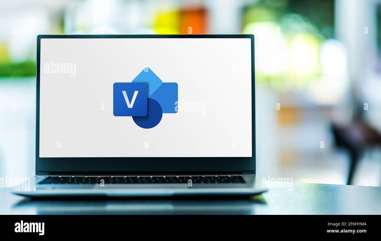 POZNAN, POL - FEB 6, 2021: Laptop computer displaying logo of Microsoft ...