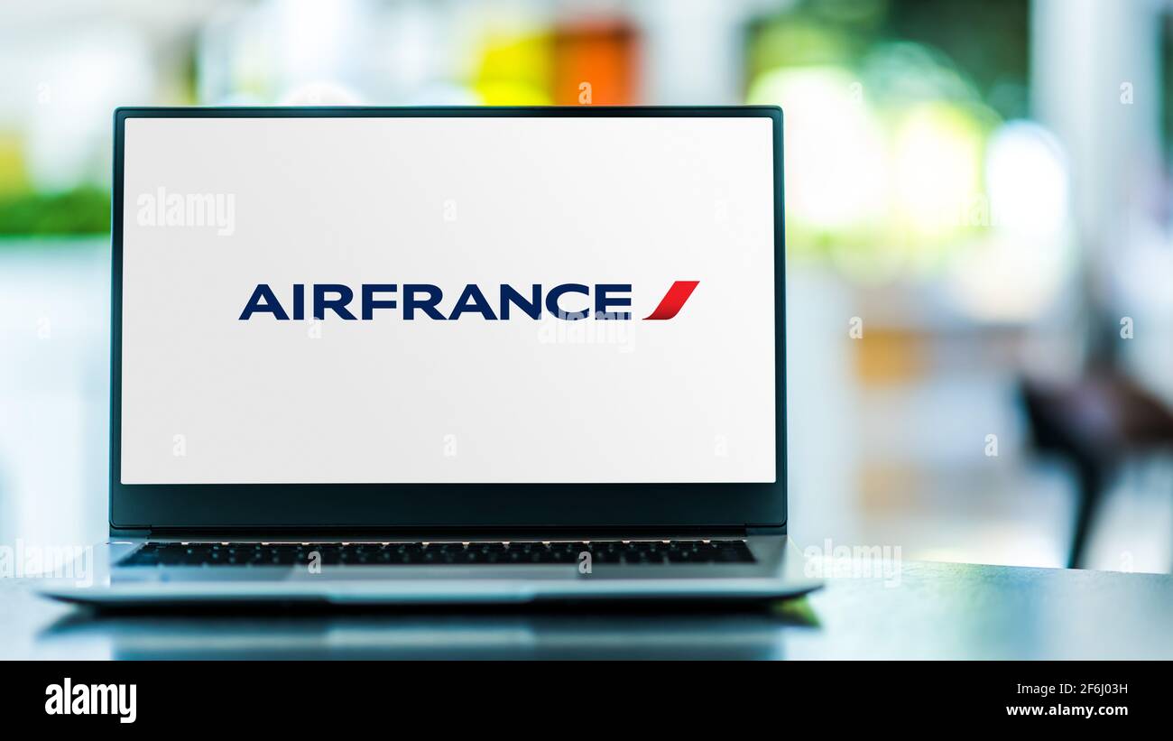 POZNAN, POL - MAR 15, 2021: Laptop computer displaying logo of Air ...