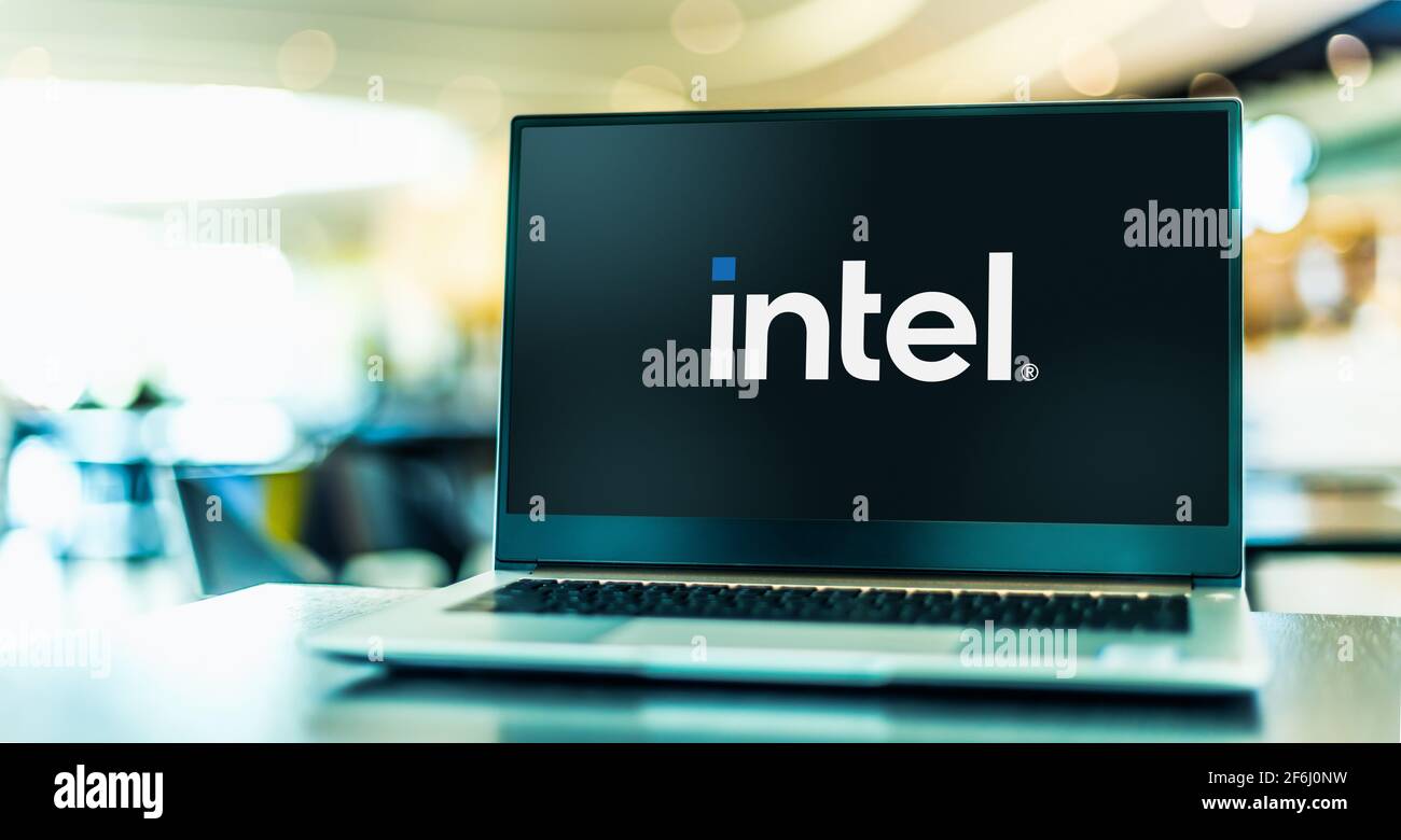 POZNAN, POL - FEB 6, 2021: Laptop computer displaying logo of Intel, an ...