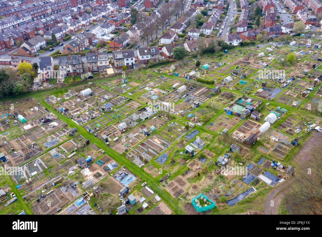 Aerial photo of a community garden allotment in the city of Leeds in ...