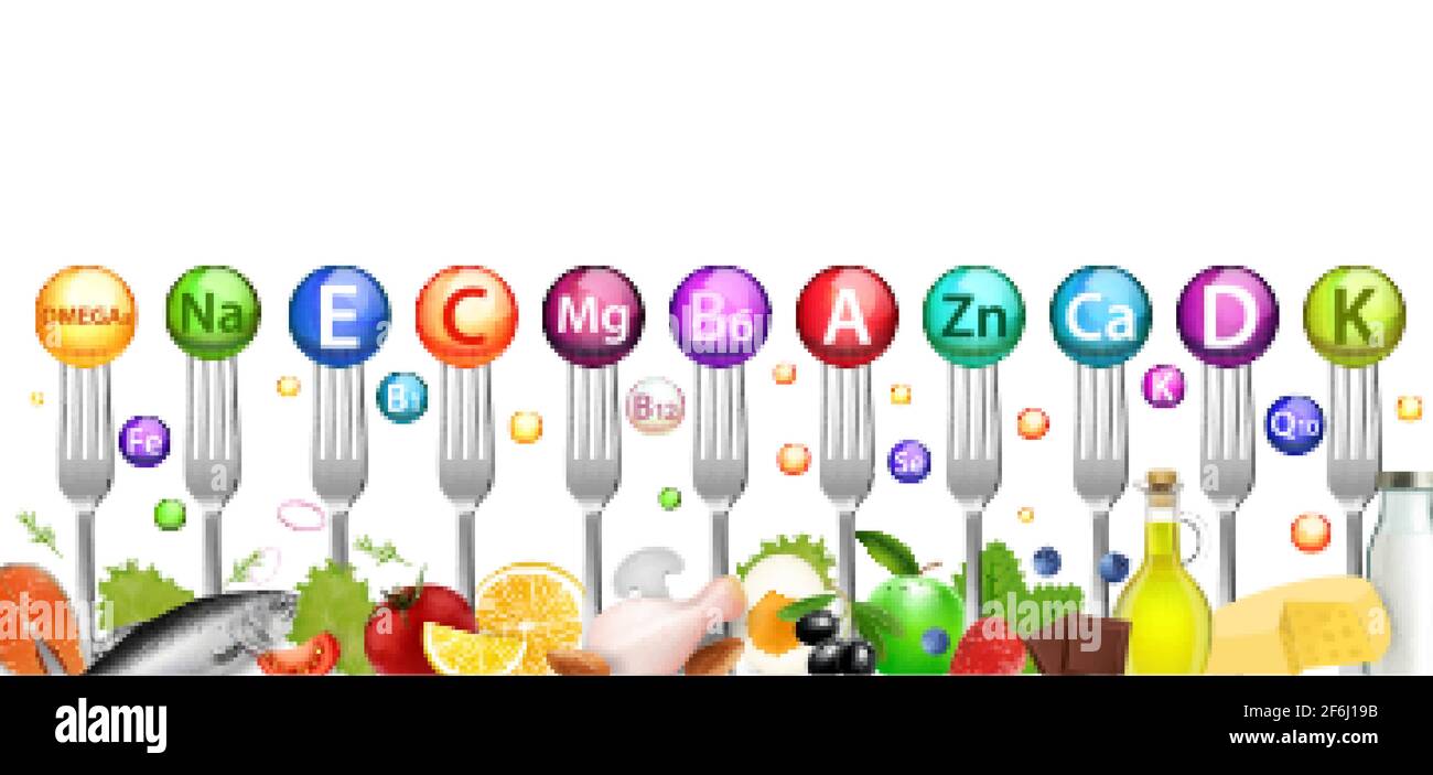 Vitamin mineral balls and foods rich in vitamins, vector illustration ...