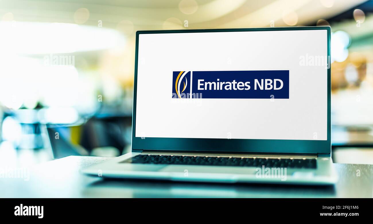 POZNAN, POL - MAR 15, 2021: Laptop computer displaying logo of Emirates ...