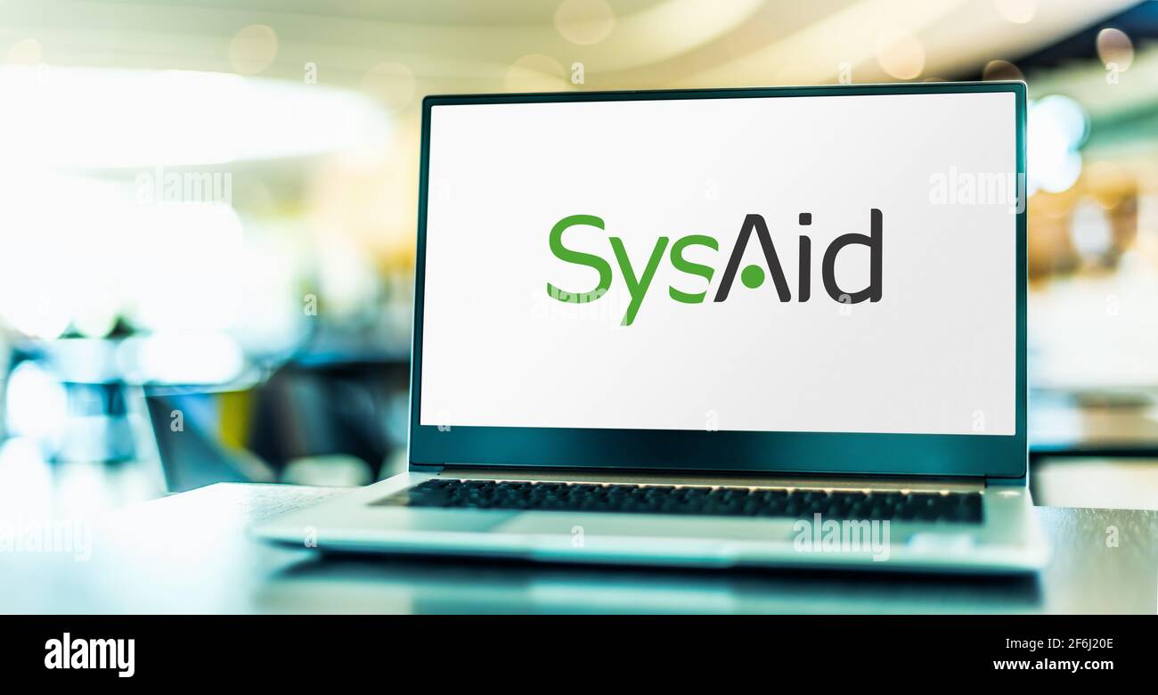 POZNAN, POL - MAR 15, 2021: Laptop computer displaying logo of SysAid ...
