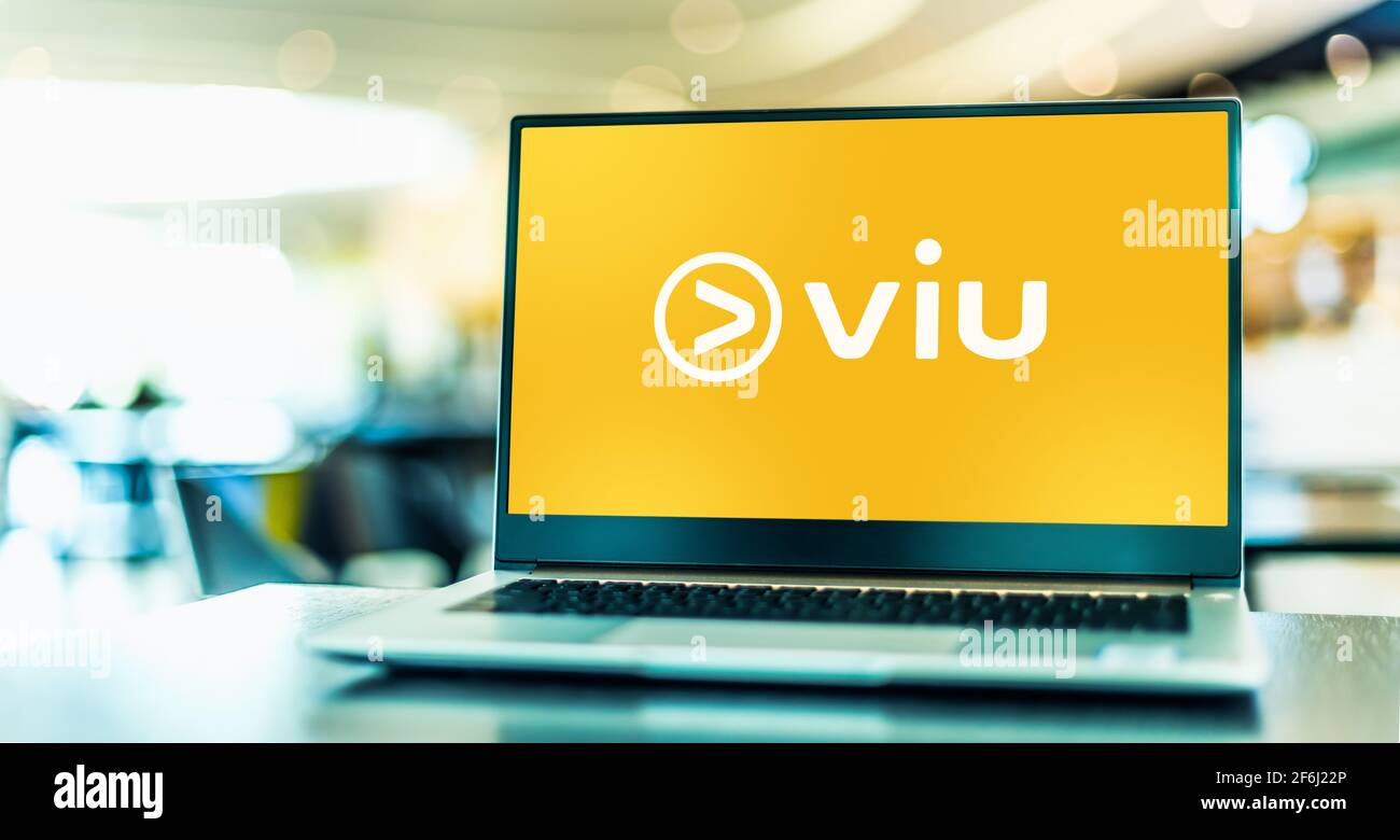 POZNAN, POL - MAR 15, 2021: Laptop computer displaying logo of Viu, a ...