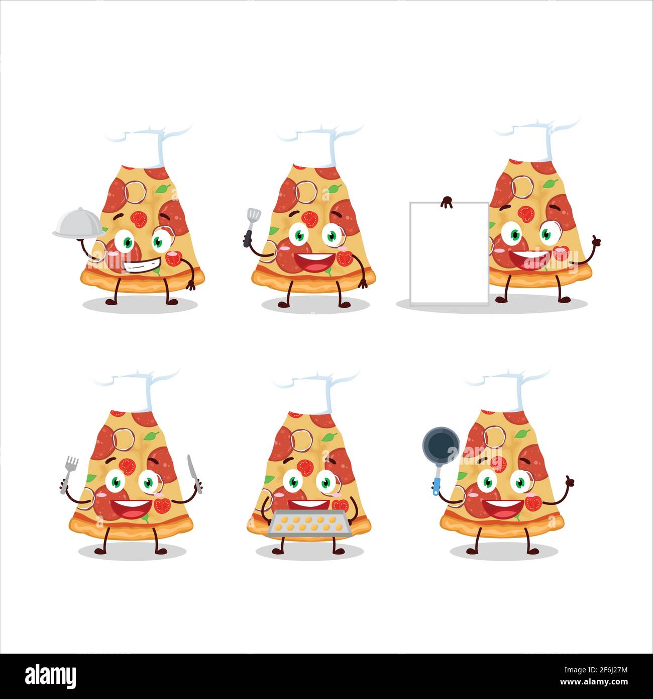 Cartoon character of slice of beef pizza with various chef emoticons ...