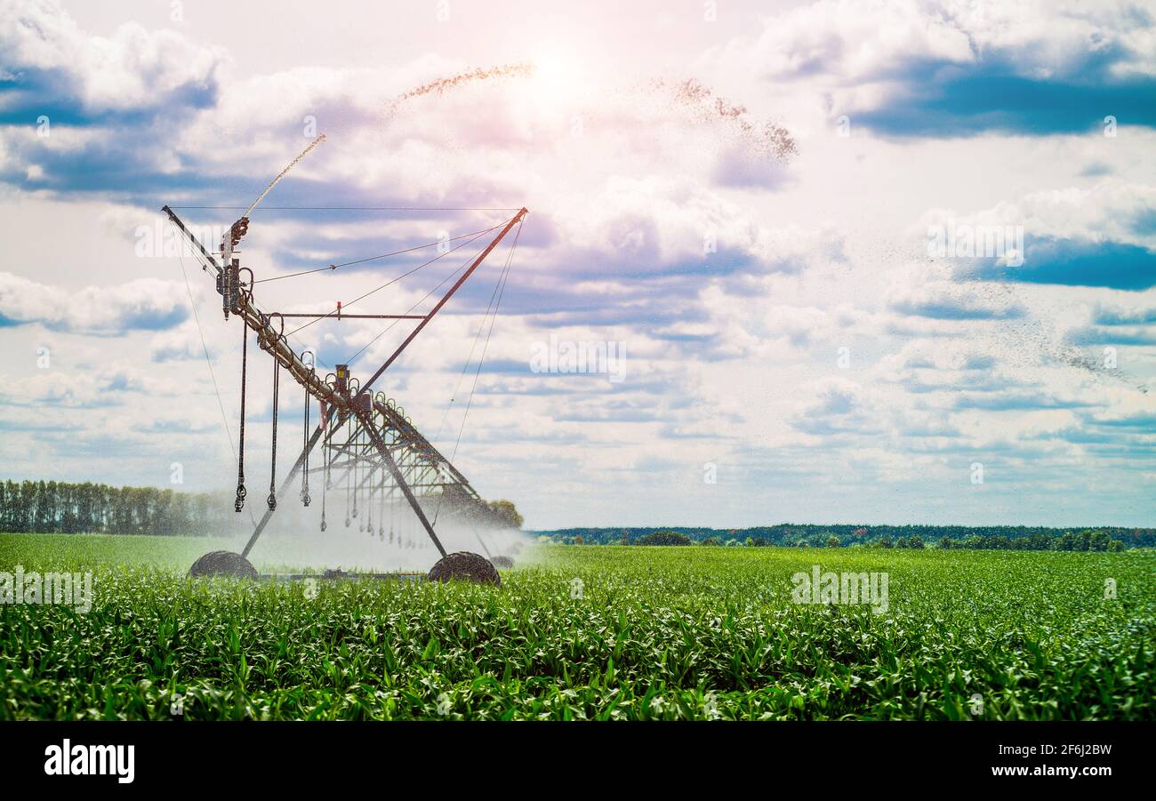 Watering system in the field. An irrigation pivot watering a field ...