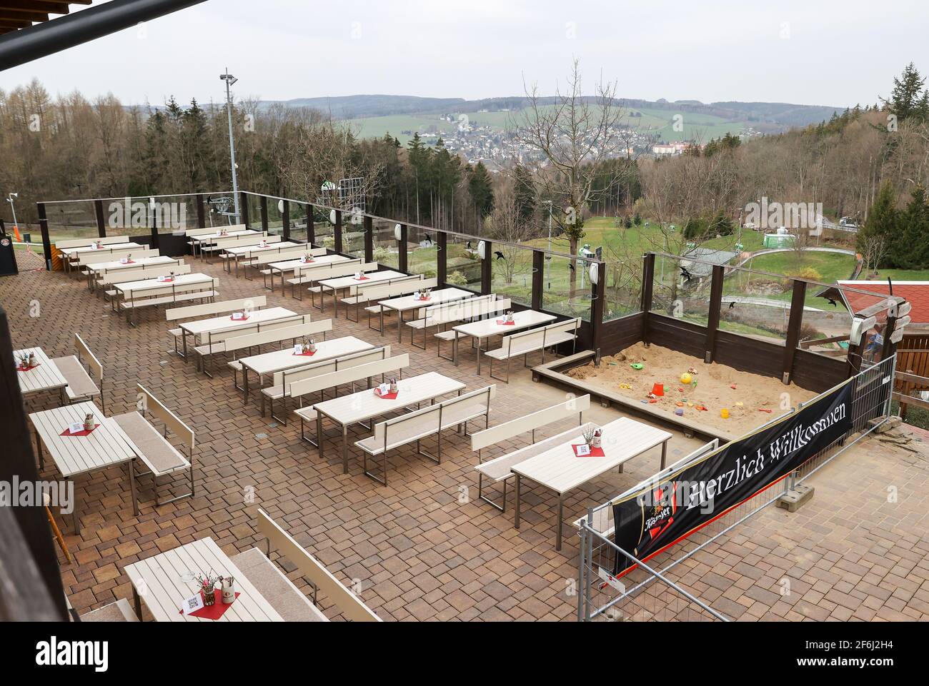 Augustusburg, Germany. April 1 2021: The tables on the terrace of the ...