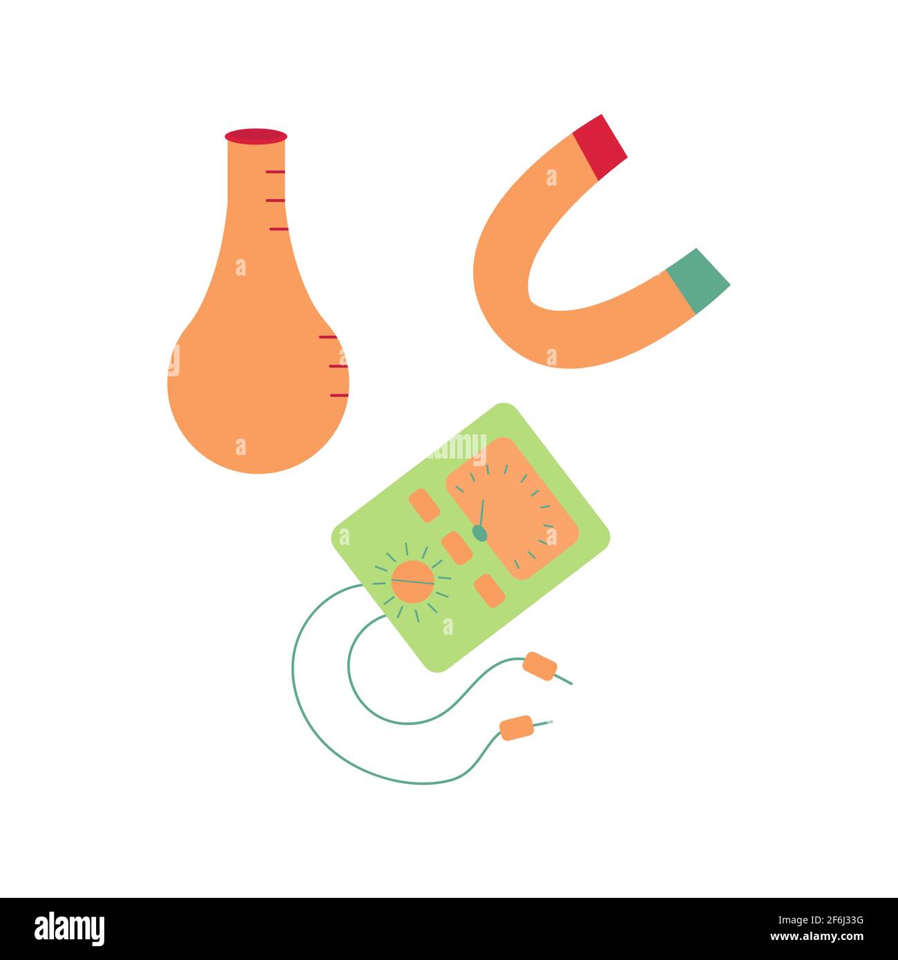 Flask for chemical reactions, ammeter, magnet. Vector isolated ...