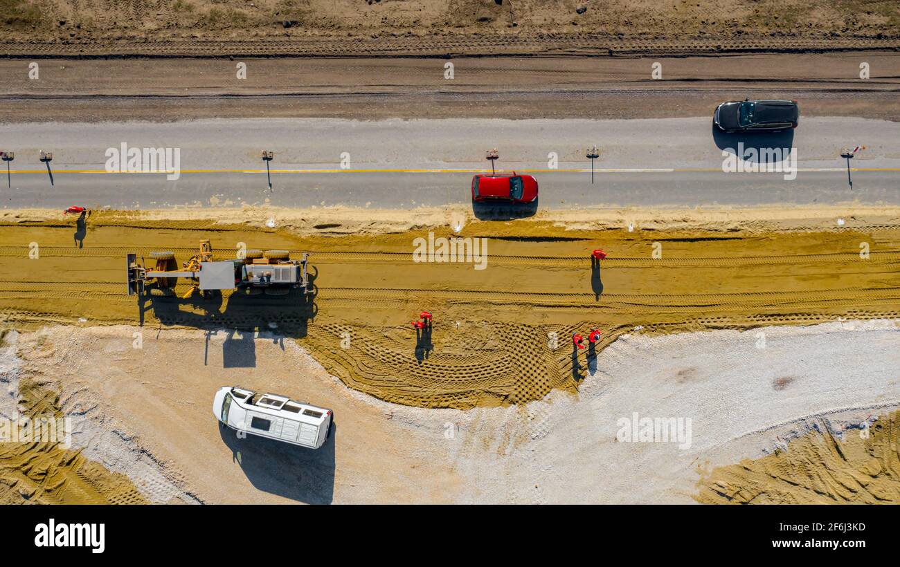 Above top view, overhead on blade leveling machine, grader, until is ...