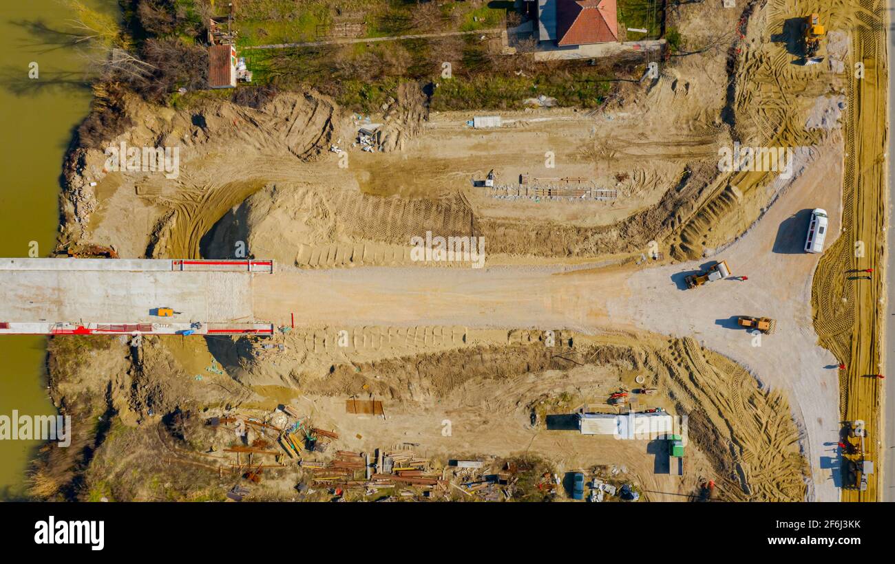 Above top view, overhead on blade leveling machine, grader, until is ...