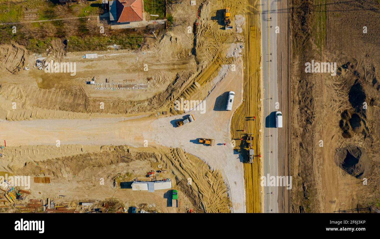 Above top view, overhead on blade leveling machine, grader, until is ...