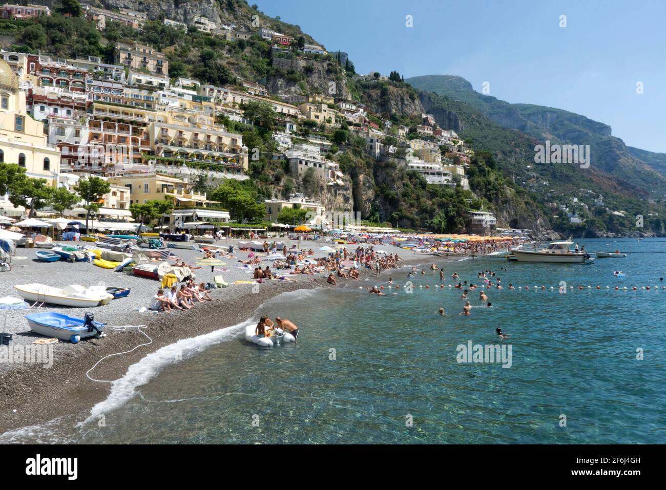 Positano Beach Known As Spiaggia Grande On Italy's Amalfi Coast In The ...