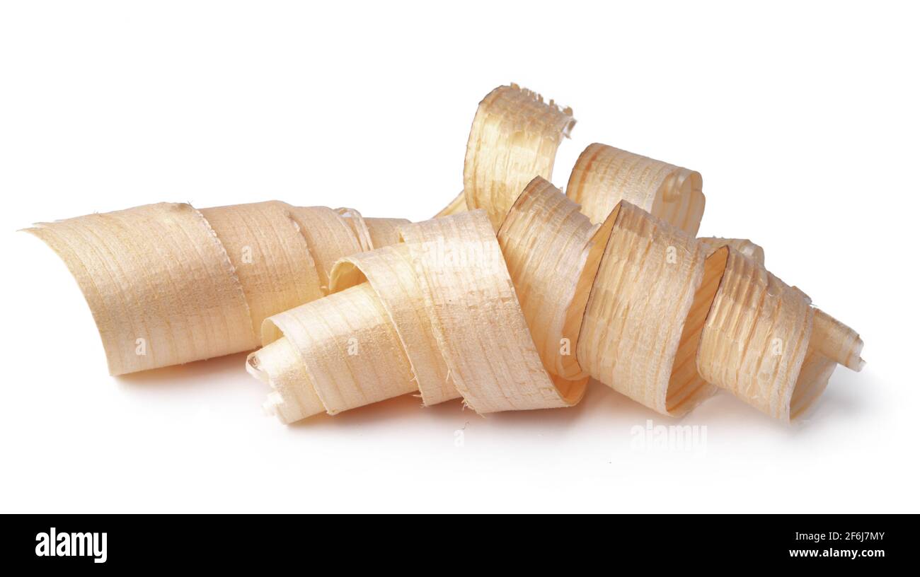 Wood shavings isolated on white background Stock Photo - Alamy