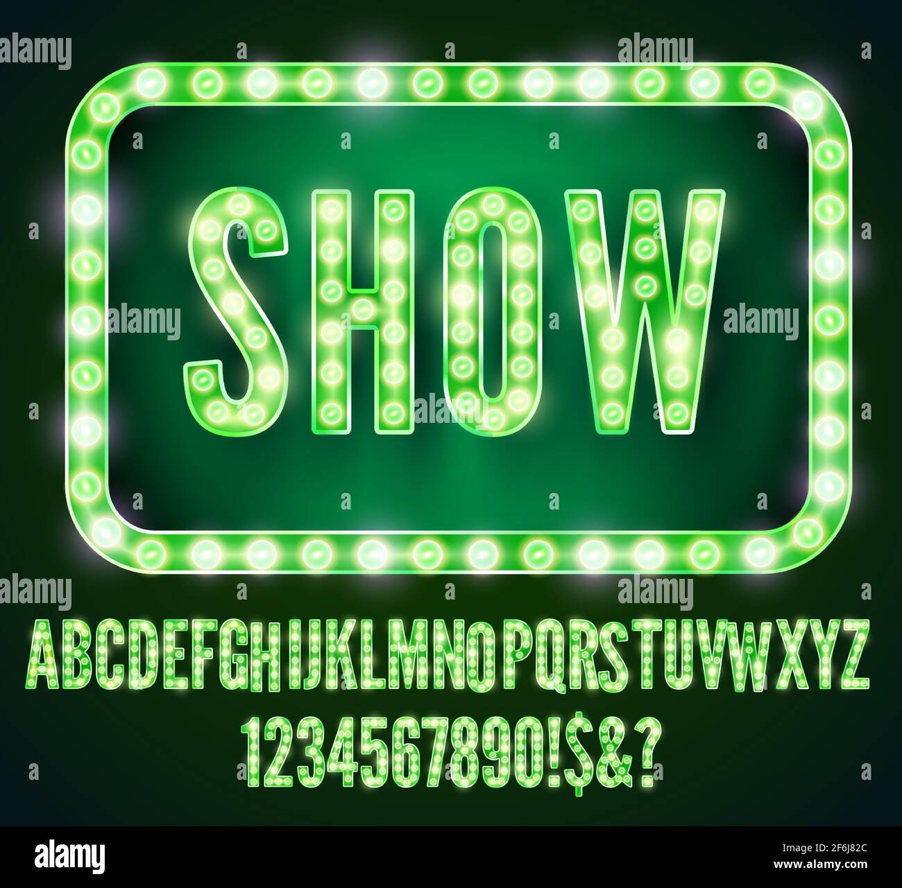 Broadway light sign text style, type set of letter with green colored ...