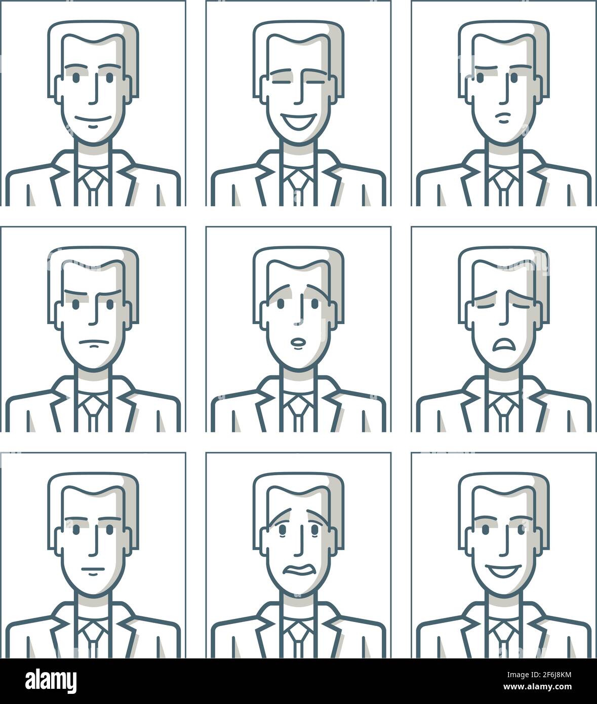 Nine drawings of a young businessman with different facial expressions ...