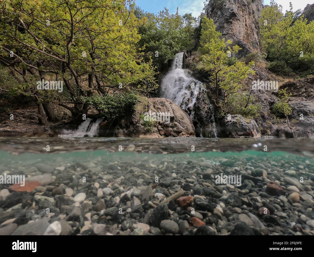 River Aoos in Konitsa, waterfalls, half underwater view, Epirus, Greece ...