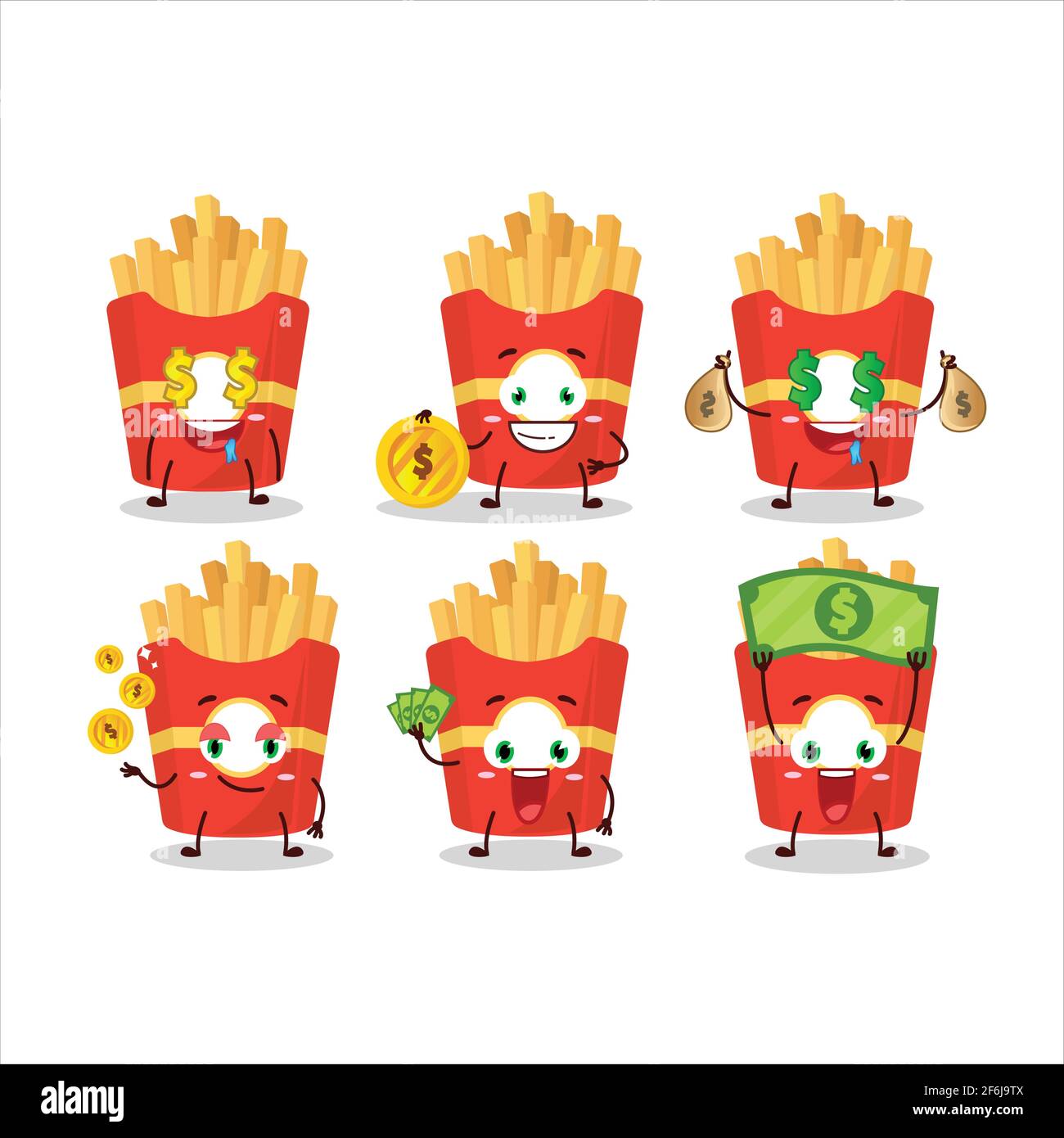 French fries cartoon character with cute emoticon bring money. Vector ...