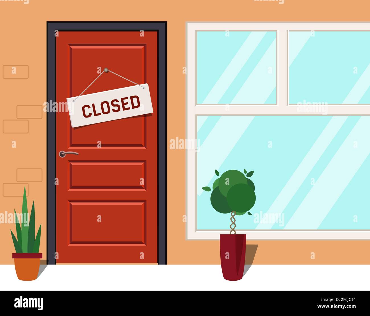 Closed sign on red door. Store with a sign that says close. Houses with ...