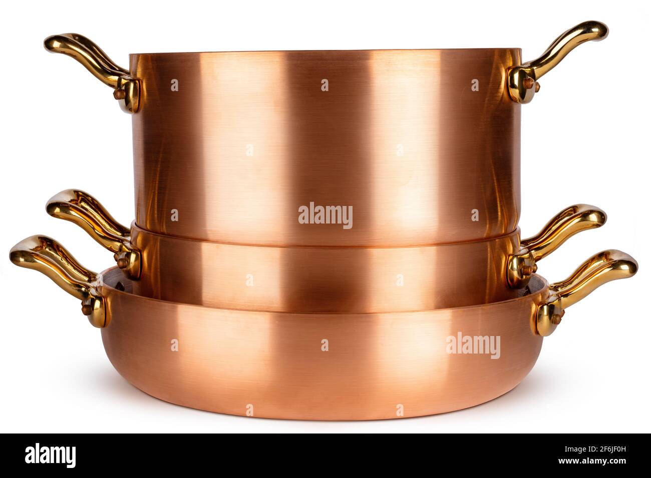 Copper cookware set isolated on white background Stock Photo - Alamy